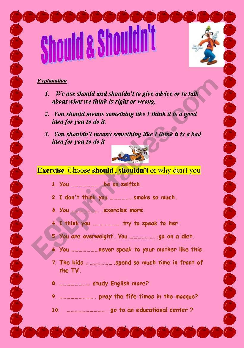 English worksheets: should &shouldn´t