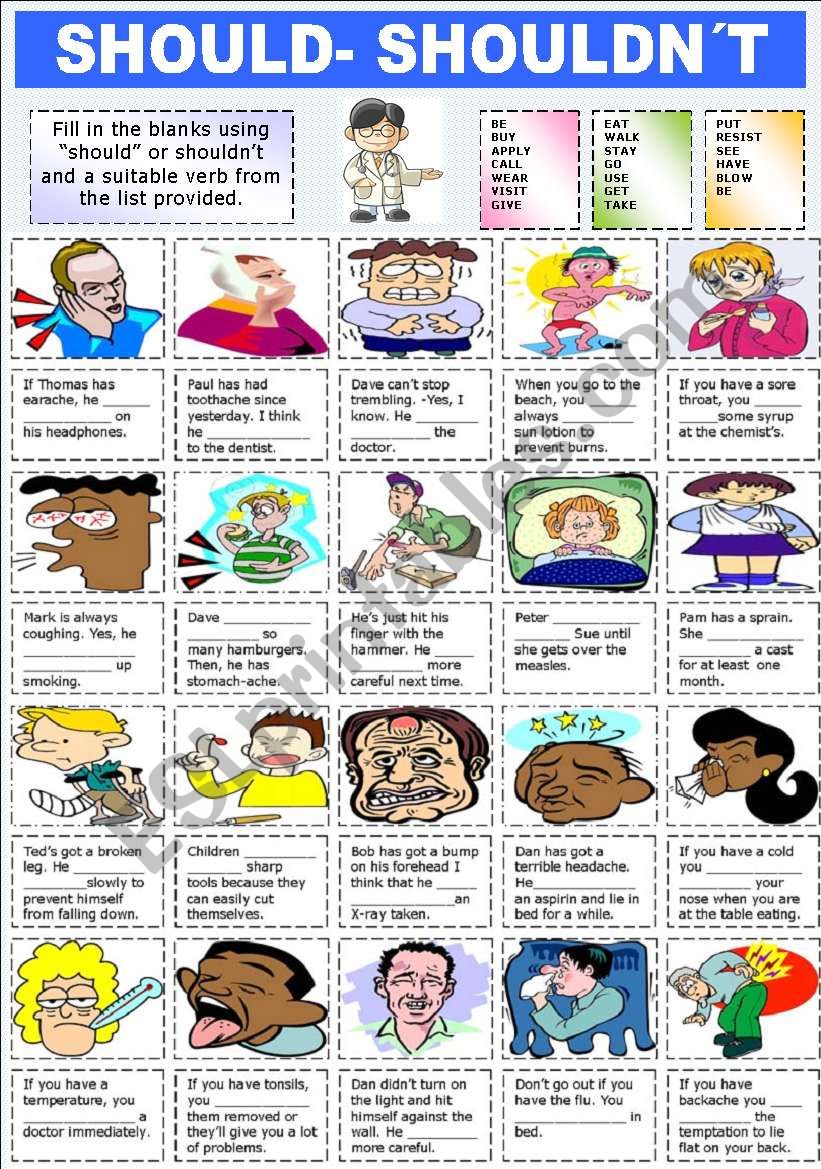 SHOULD - SHOULDN´T ( HEALTH PROBLEMS ) KEY INCLUDED - ESL worksheet by ... SHOULD - SHOULDN´T ( HEALTH PROBLEMS ) KEY INCLUDED - ESL worksheet by ...