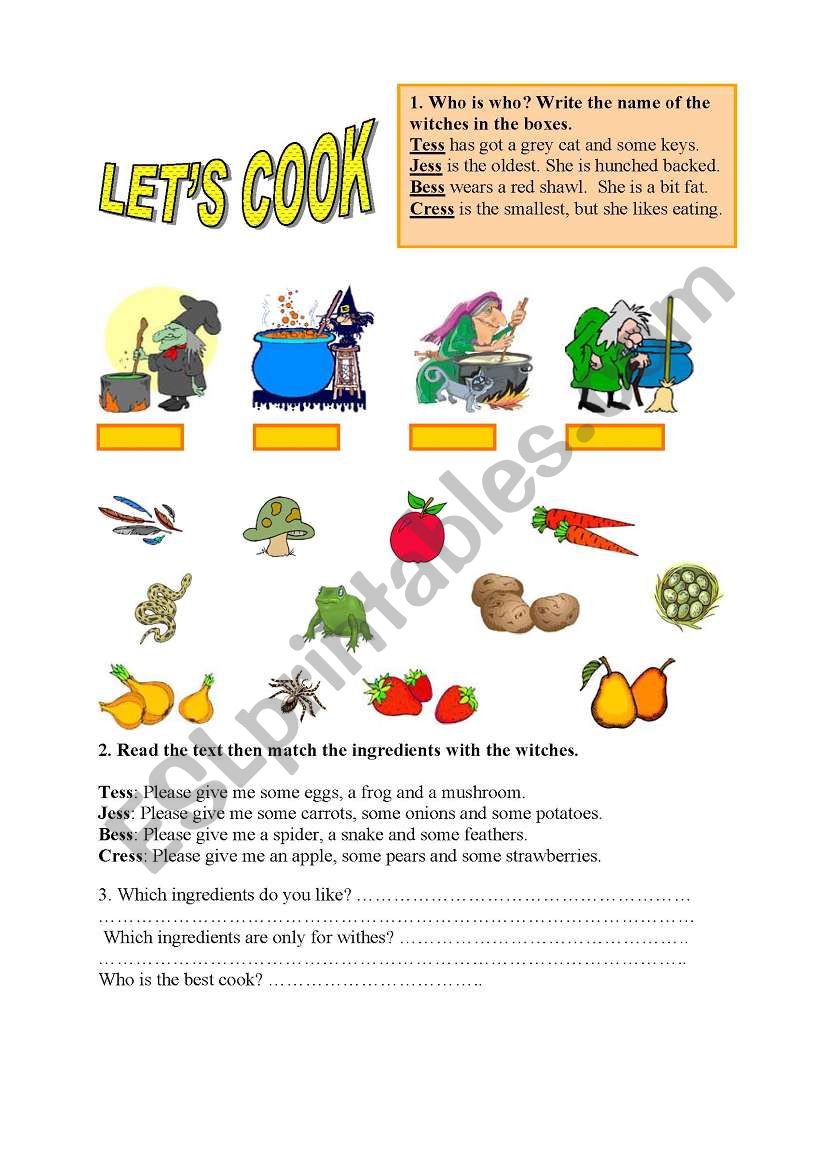 Let´s cook-Help the witches with the ingredients - ESL worksheet by ...