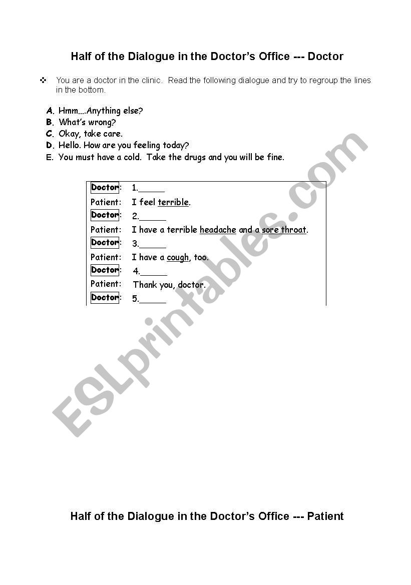 English worksheets: Half of the Dialogue in the Doctor¡¦s Office