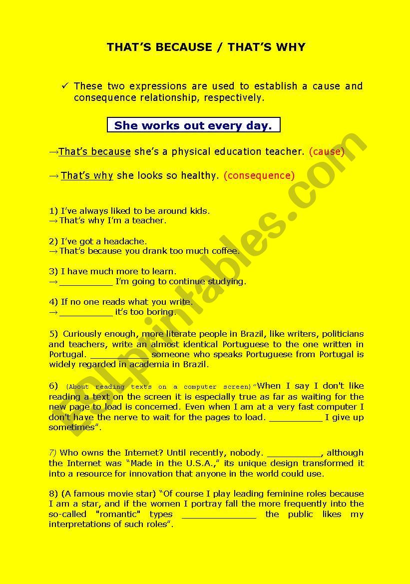 English worksheets: THAT´S WHY / THAT´S BECAUSE
