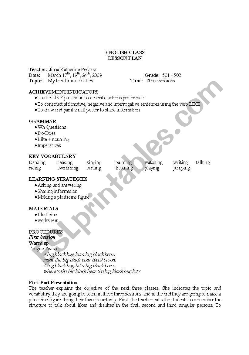 English Worksheets FREE TIME ACTIVITIES