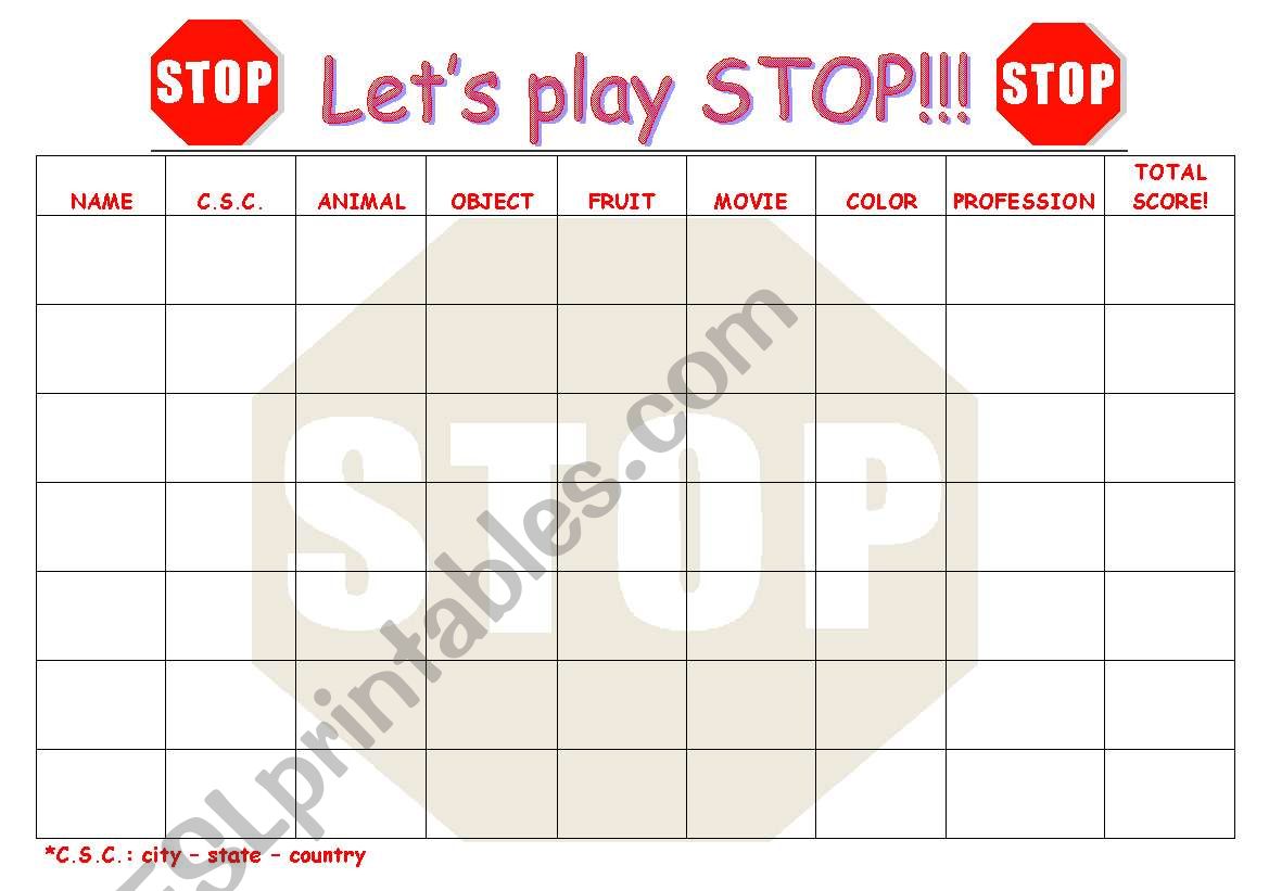 LET´S PLAY STOP!!! - ESL worksheet by Miriane