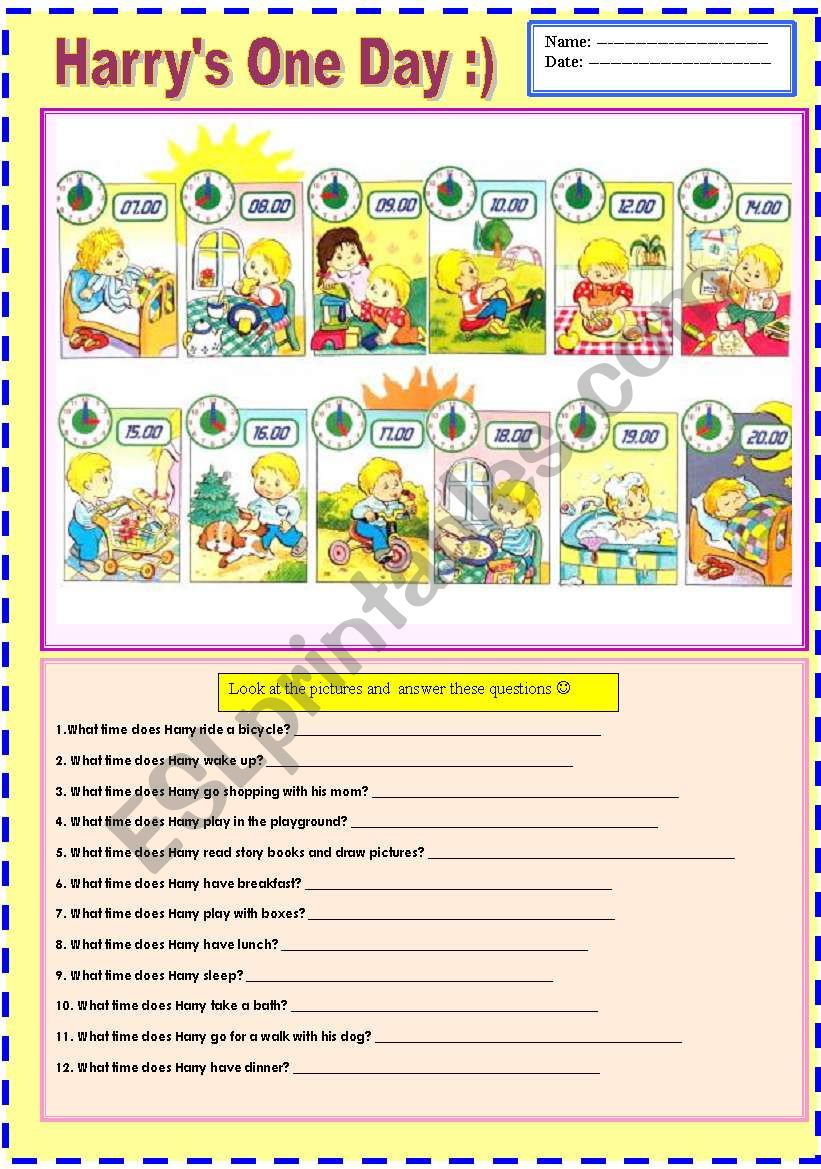 Harry´s One Day - Simple Present Tense - What Time??? - ESL worksheet ...