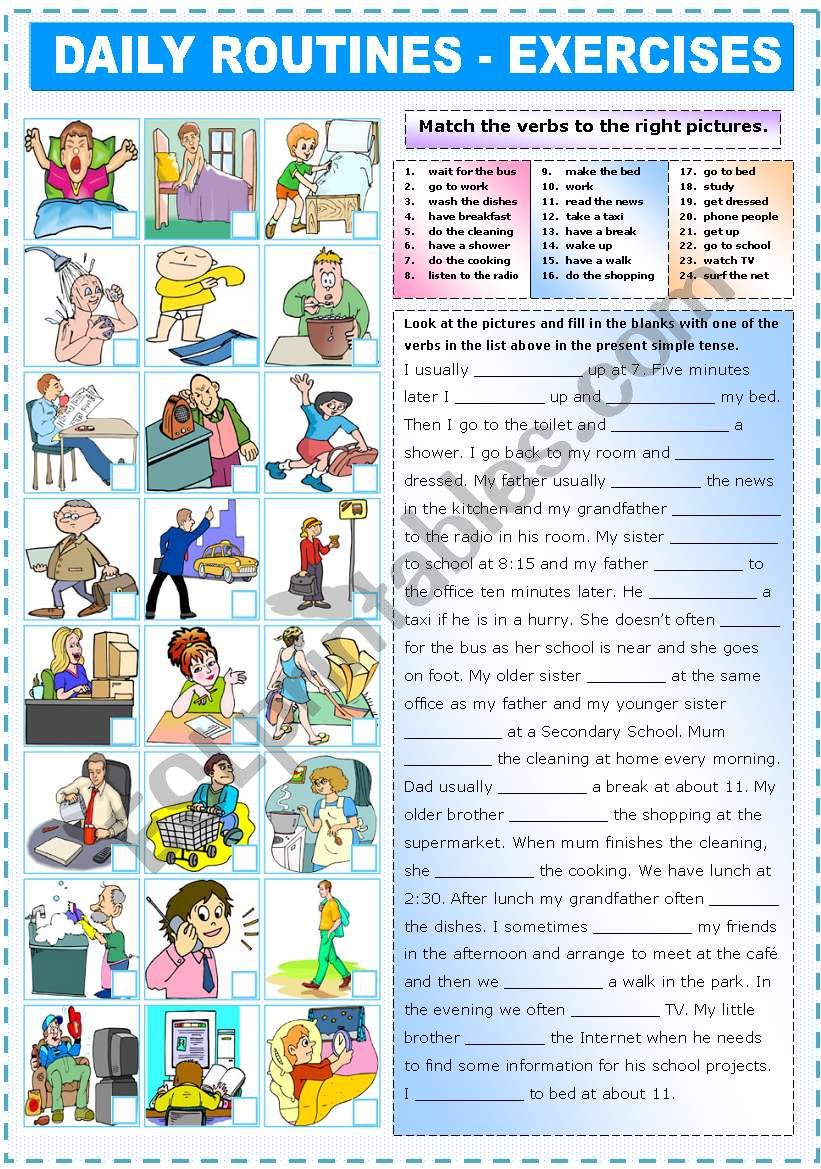 DAILY ROUTINES EXERCISES PRESENT SIMPLE ESL Worksheet By Katiana