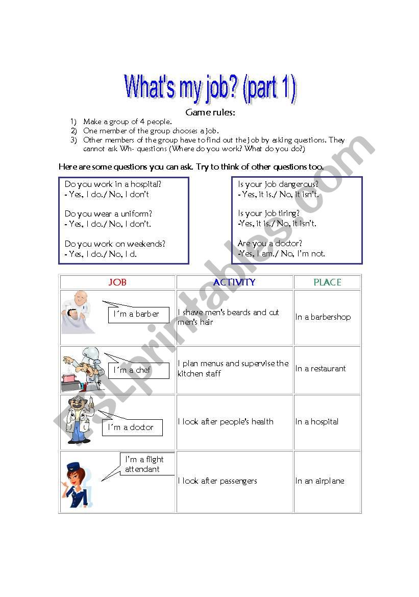 English worksheets: What´s my job game (part 1 of 2)