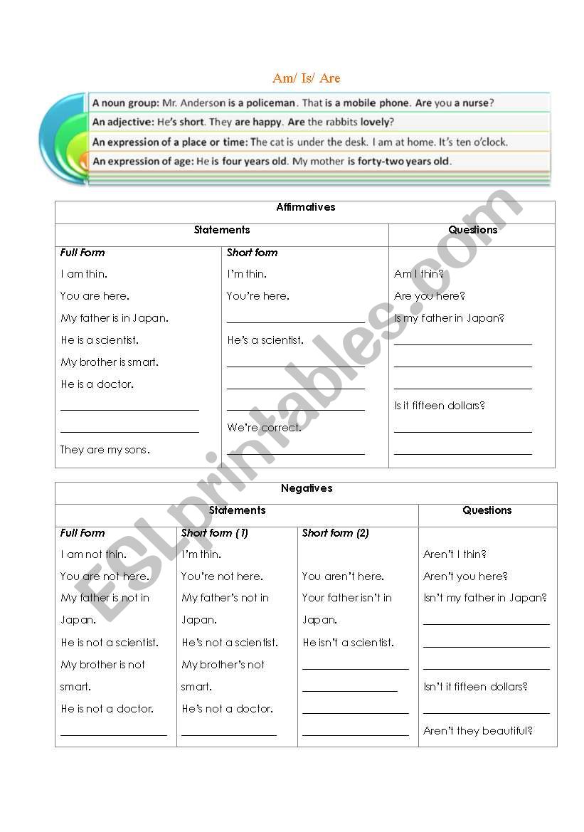 Am / Is / Are --- Aren´t / Isn´t - ESL worksheet by MasalaPeace