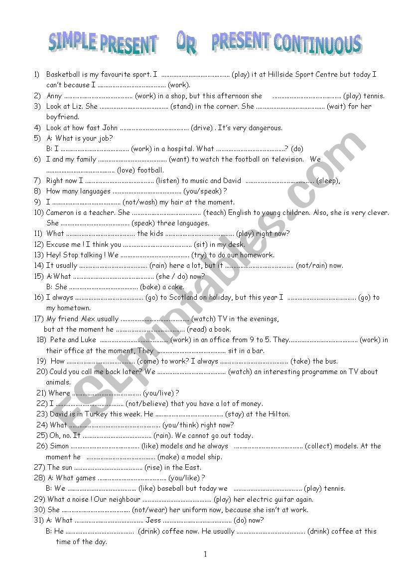Simple Present And Present Continuous Exercises Intermediate Online