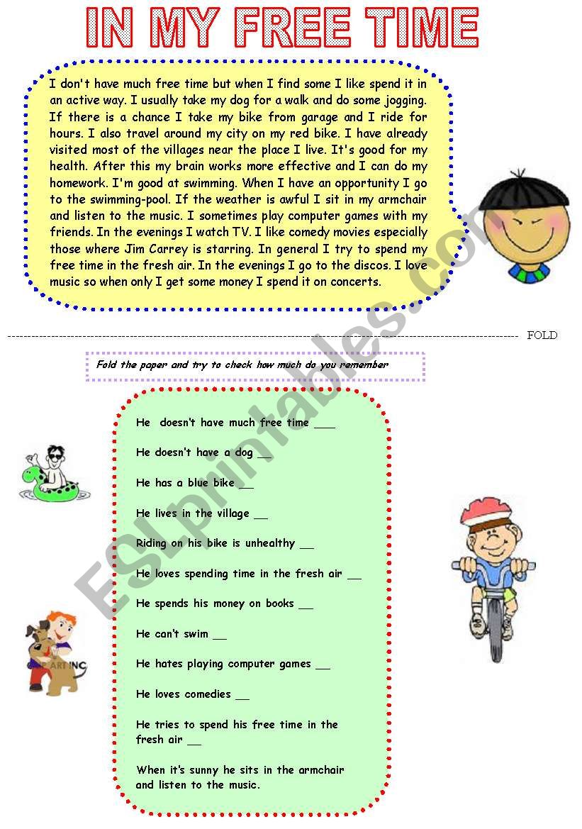 IN MY FREE TIME Reading Pre intermediate ESL Worksheet By Arielka
