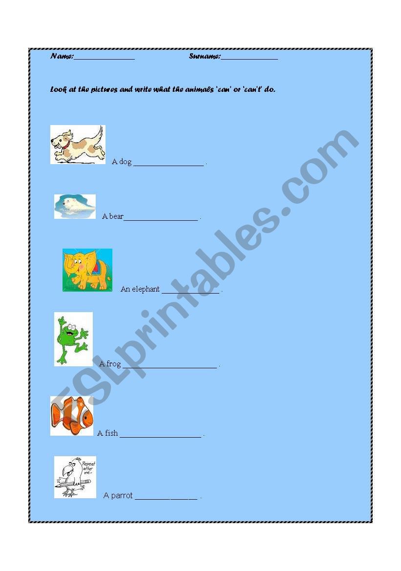 English worksheets: can/can´t animals´ abilities