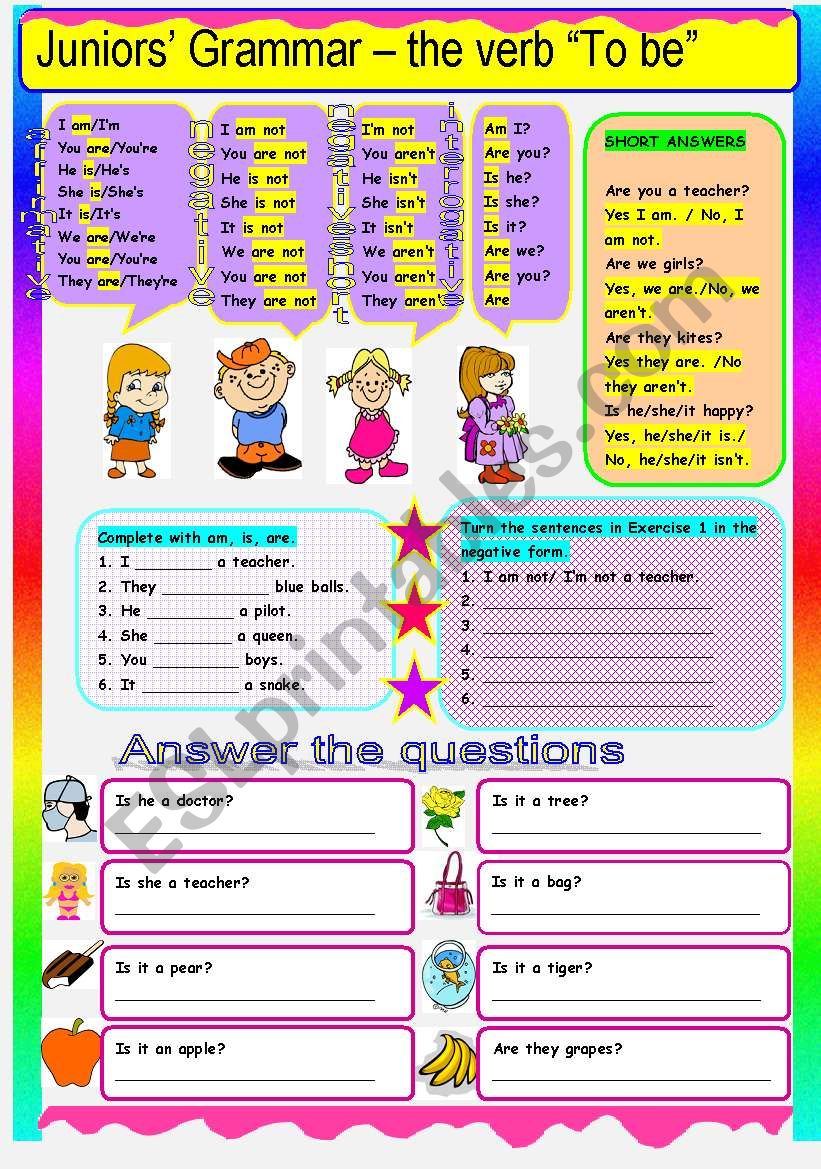 JUNIORS´ GRAMMAR-THE VERB "TO BE" - ESL worksheet by nkappa
