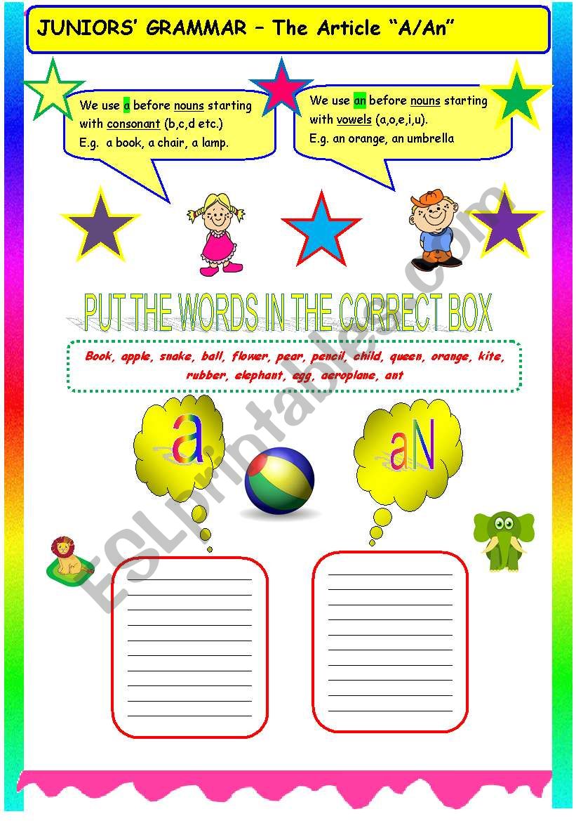 JUNIORS´ GRAMMAR - ARTICLES A/AN - ESL worksheet by nkappa