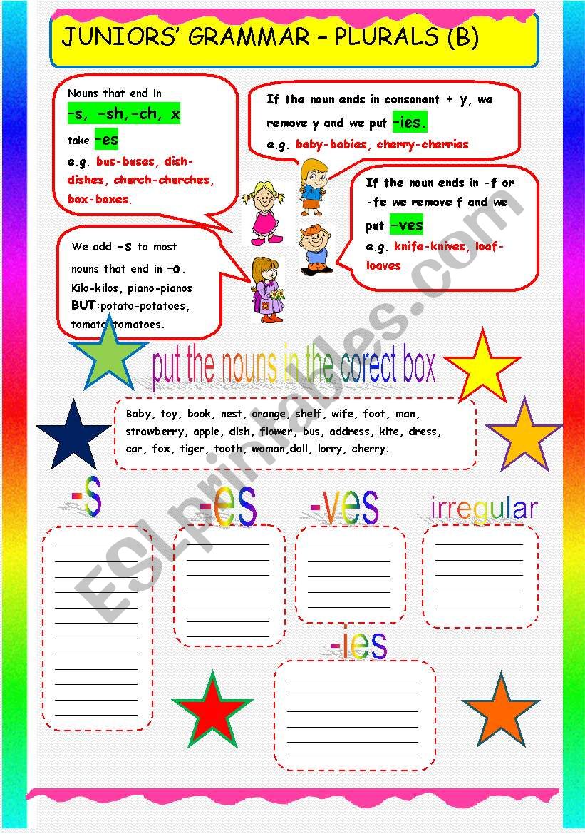 JUNIORS´ GRAMMAR PLURALS PART B - ESL worksheet by nkappa