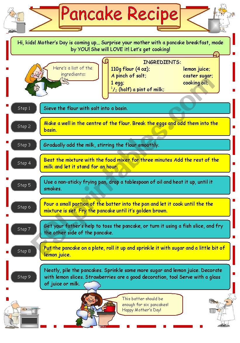 A Pancake Recipe - A Mother´s Day Suggestion! - ESL worksheet by MayaWee