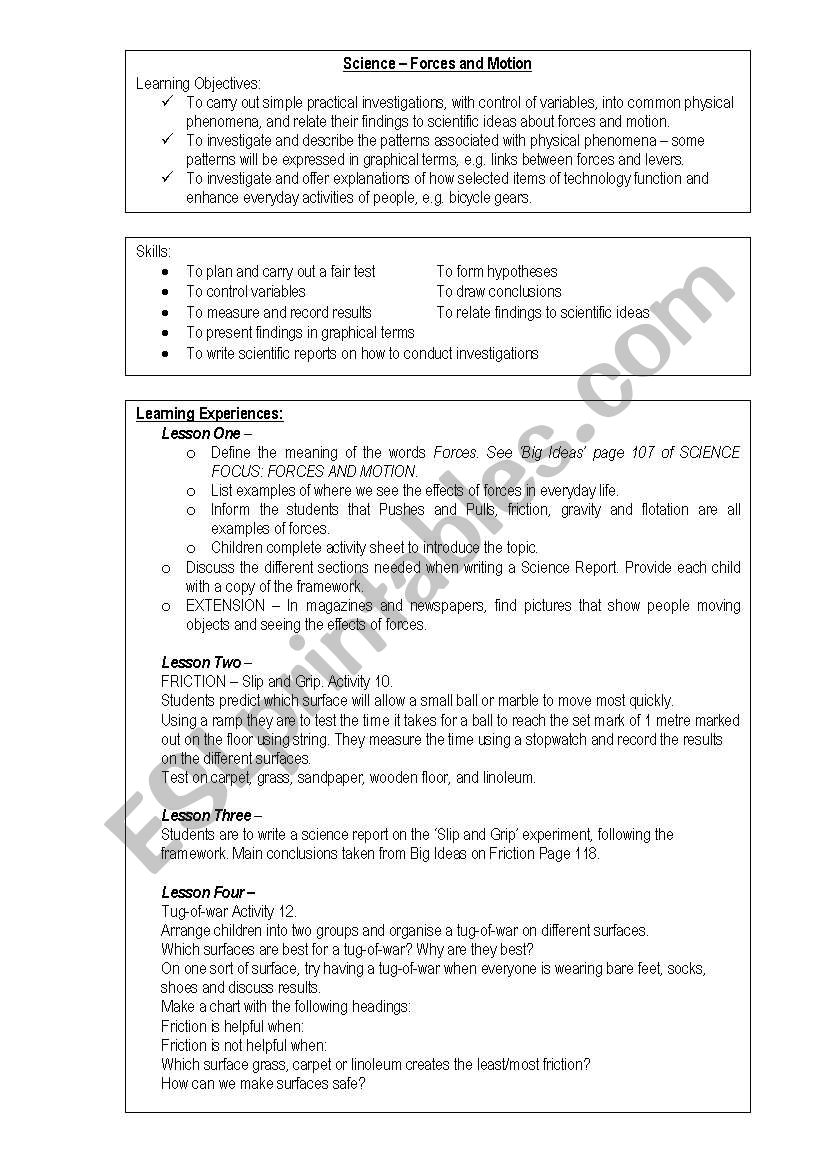 English worksheets: Science Plan – Forces and Motion