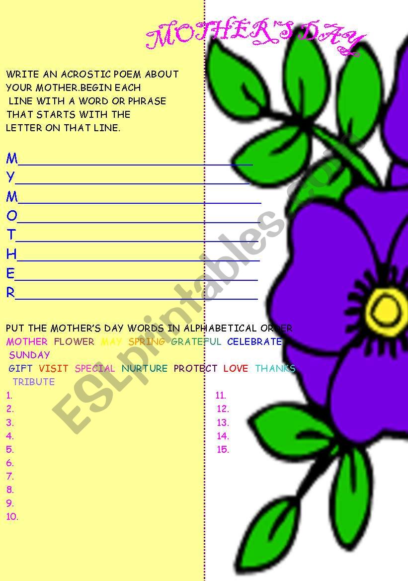 MOTHER´S DAY - ESL worksheet by Snow- white