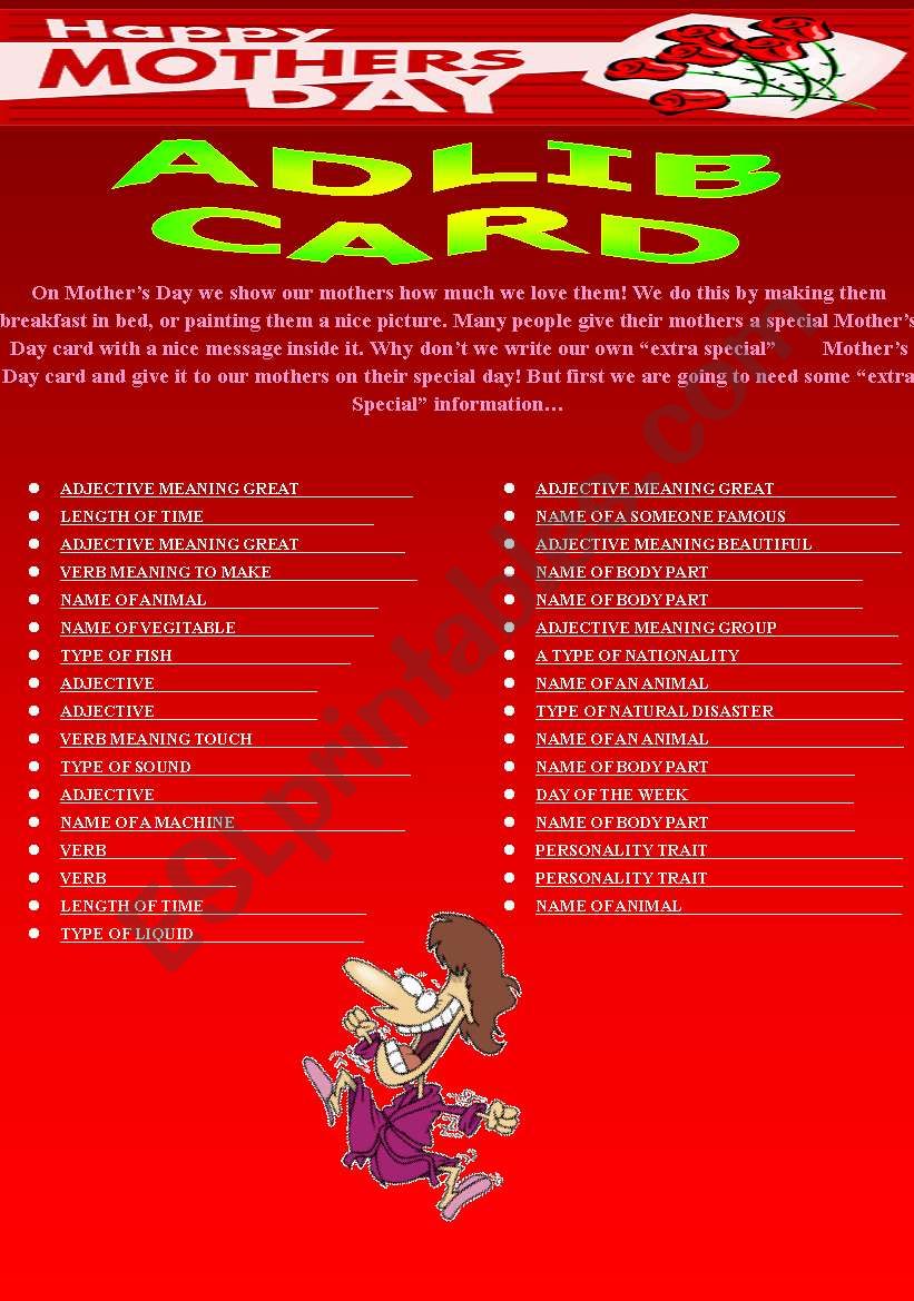 MOTHER´S DAY ADLIB CARD - ESL worksheet by Homeless Turtle