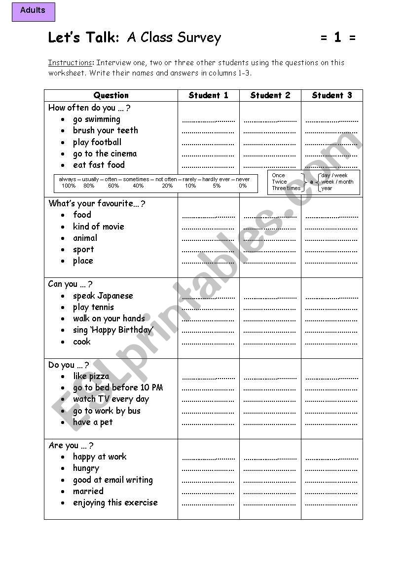 Let´s Talk - A class survey (adapted for adults) - ESL worksheet by PhilipR