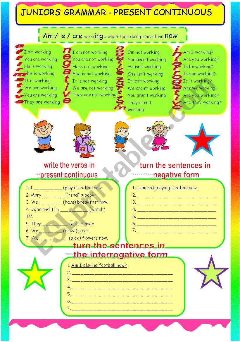 JUNIORS´ GRAMMAR - PRESENT CONTINUOUS - ESL worksheet by nkappa