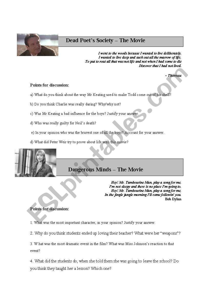 Dead Poet´s Society /Dangerous Minds - ESL worksheet by Carla74