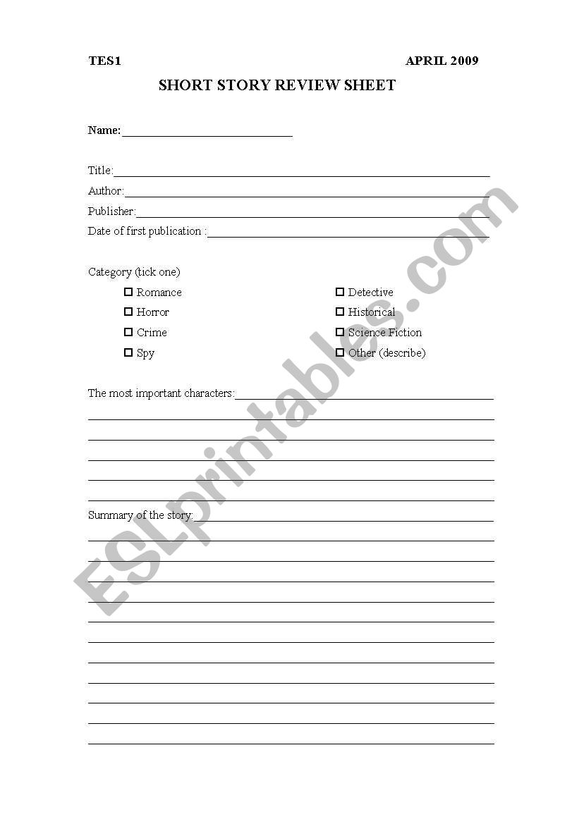 English Worksheets Short Story Review