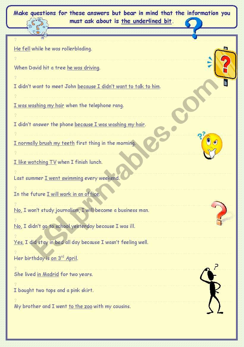 Make questions for these answers. - ESL worksheet by Fernandez Make questions for these answers. - ESL worksheet by Fernandez