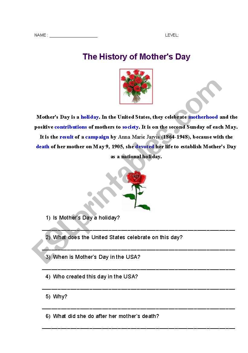 THE HISTORY OF MOTHER´S DAY - ESL worksheet by tima