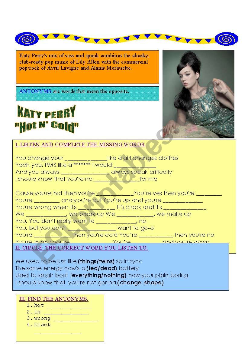 Katy Perry´s song "Hot n´Cold" - ESL worksheet by Esined