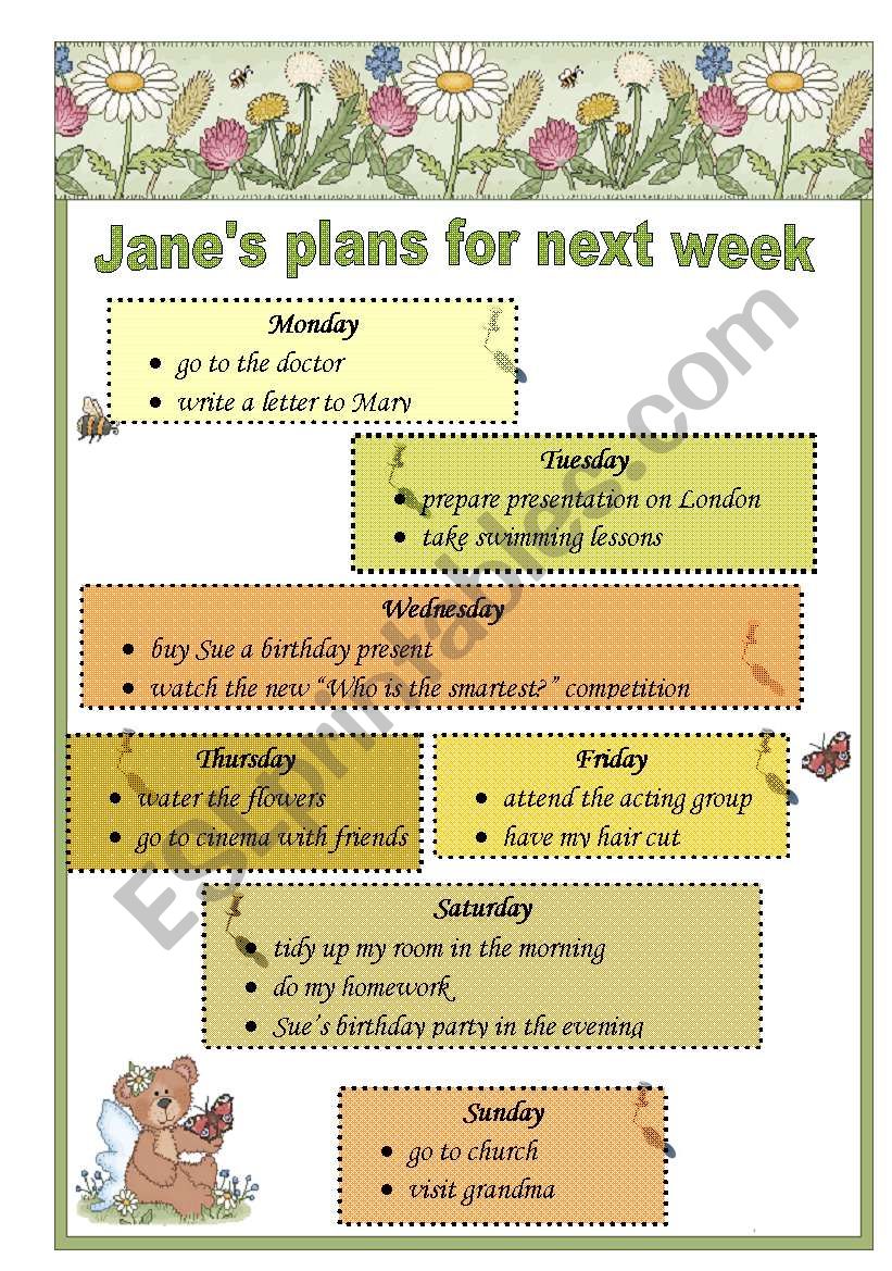 Jane´ s plans for next week - ESL worksheet by Timar Marika