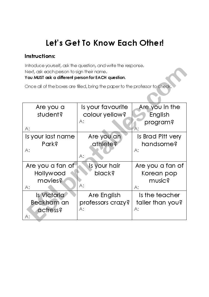 English worksheets: Let´s get to know each other