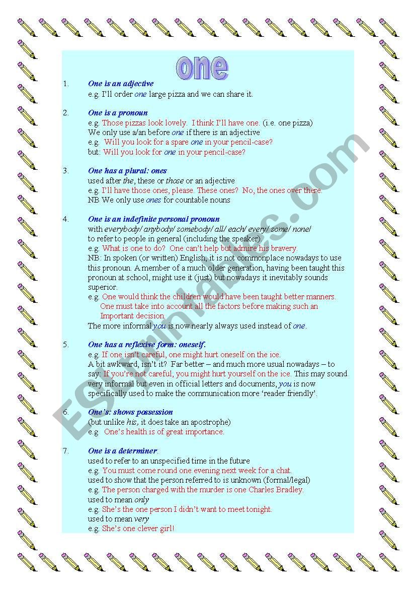 The uses of ´one´ - ESL worksheet by ballycastle1