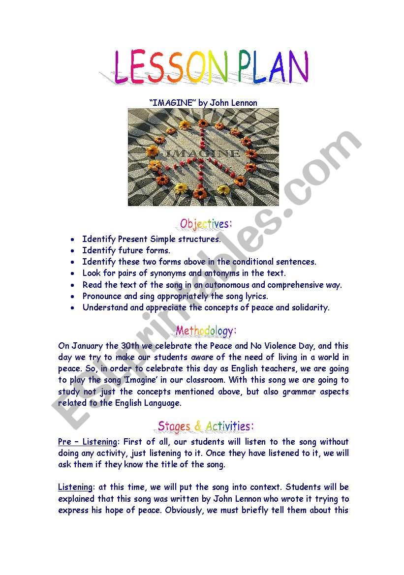 LESSON PLAN: song Â´ImagineÂ´ by John Lennon - ESL worksheet by nahmu