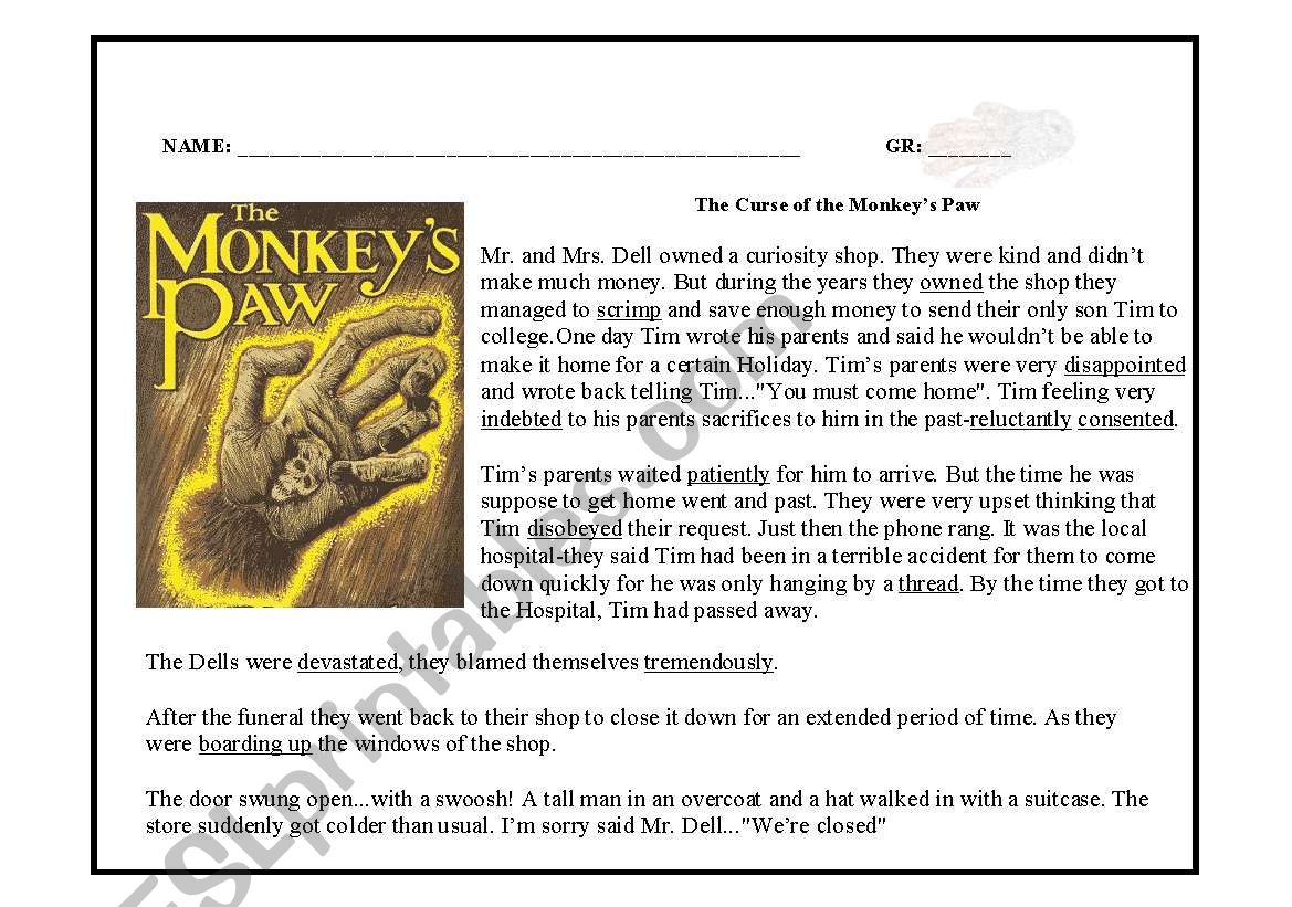 THE CURSE OF THE MONKEY´S PAW (reading comprehension) - ESL worksheet ...