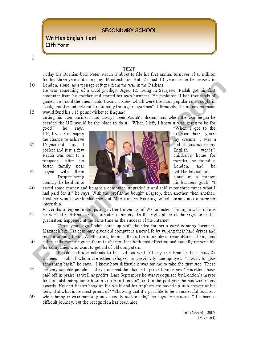 Test on an immigrant´ s life - ESL worksheet by Nelinha