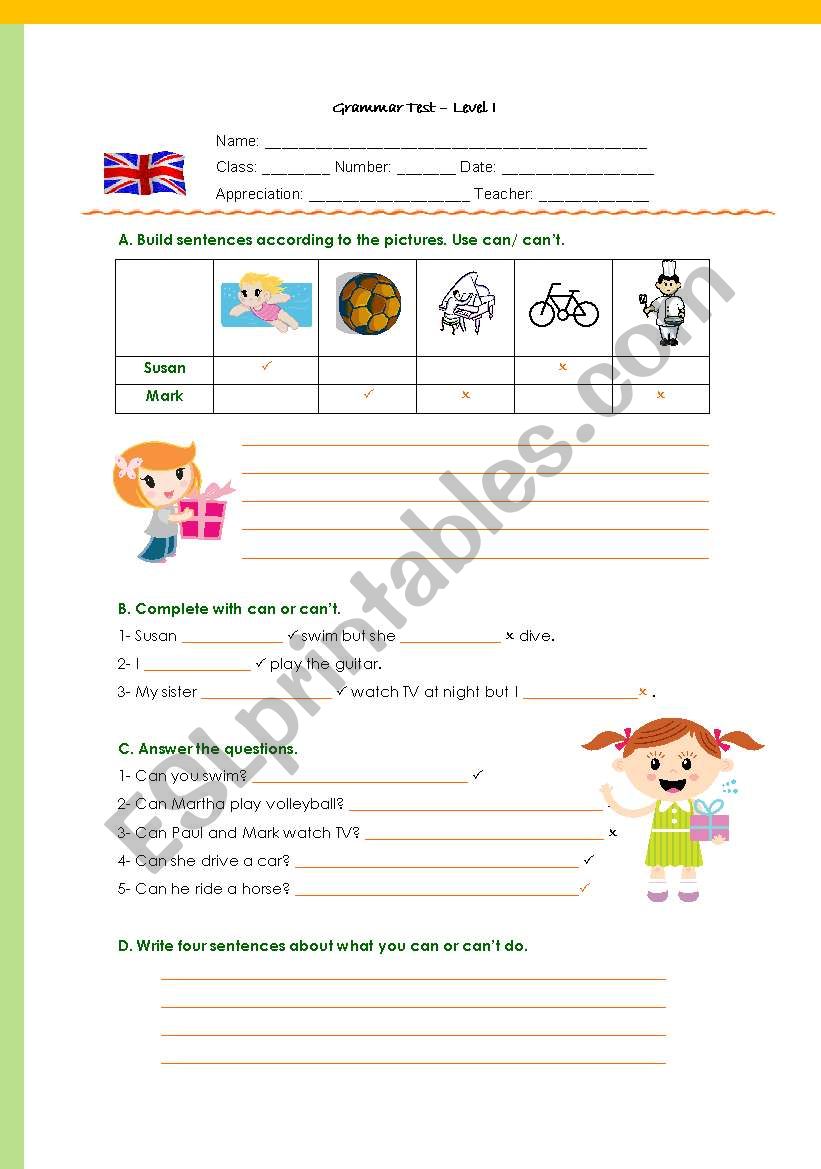Grammar Test: Can/ Can´t - ESL worksheet by taniamar
