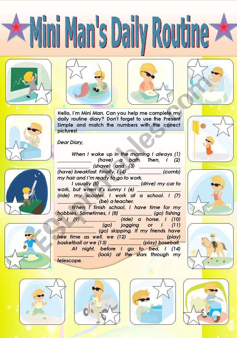 TENSES: PRESENT SIMPLE - MINI MAN´S DAILY ROUTINE - ESL worksheet by knds