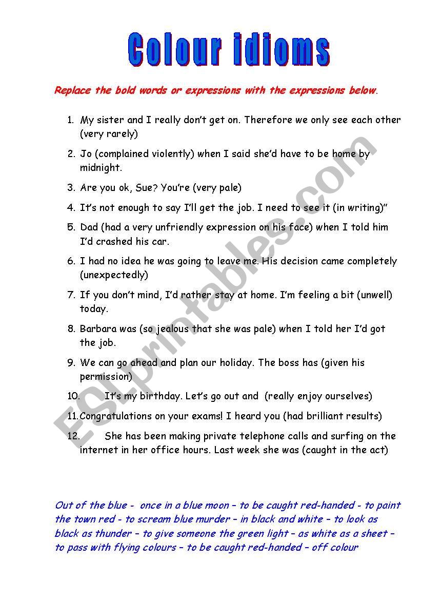 "Let´s paint the town red" - Colour idioms - ESL worksheet by ...