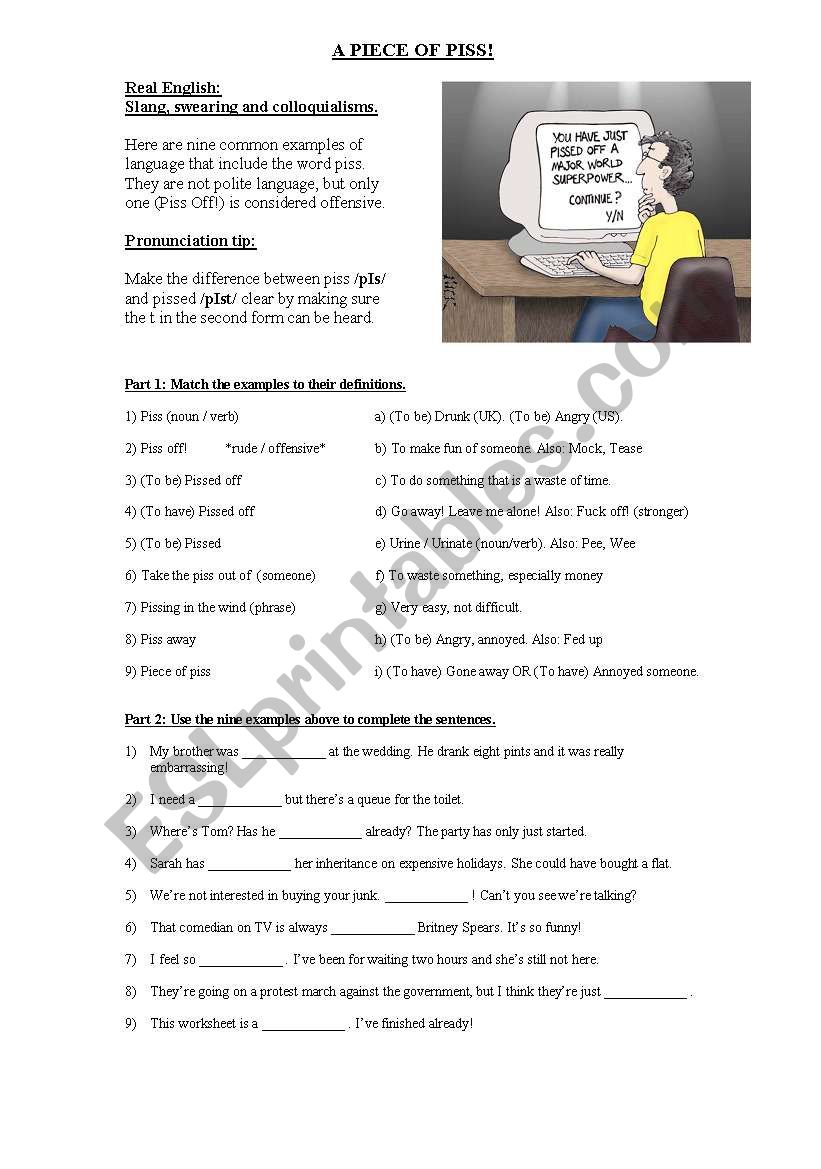 Slang, swearing and colloquialisms. Language terms using ´Piss´. - ESL ...