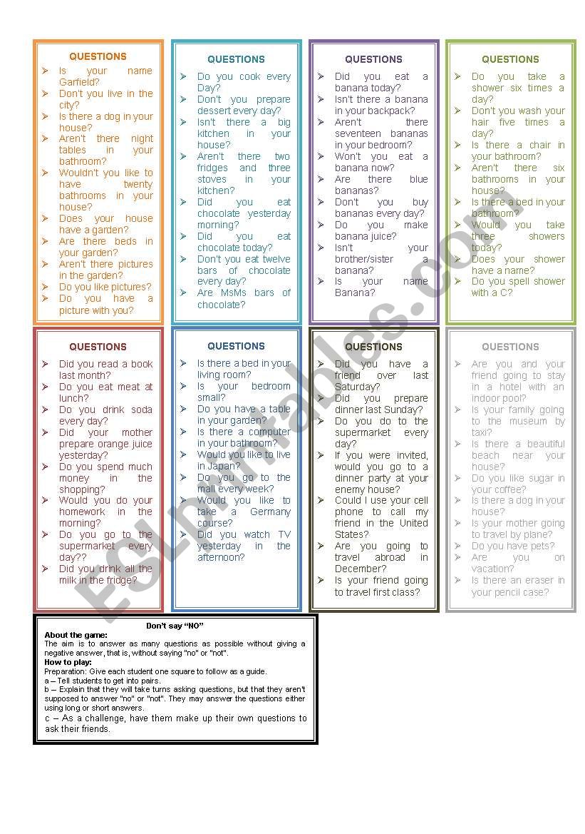 Don´t say "NO" game - ESL worksheet by nssarj