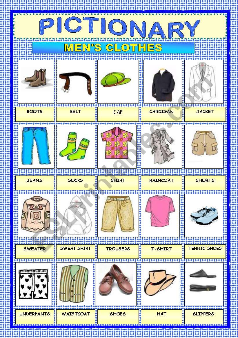 PICTIONARY - MEN´S CLOTHES - ESL worksheet by macomabi