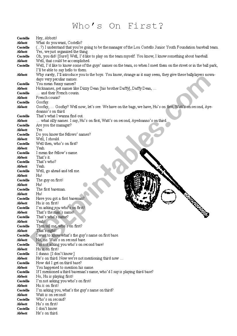 English worksheets: Abbott & Costello - Who’s on First? (ws)