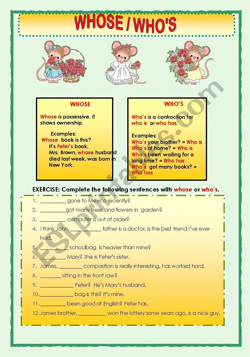WHOSE or WHO´S - ESL worksheet by macomabi