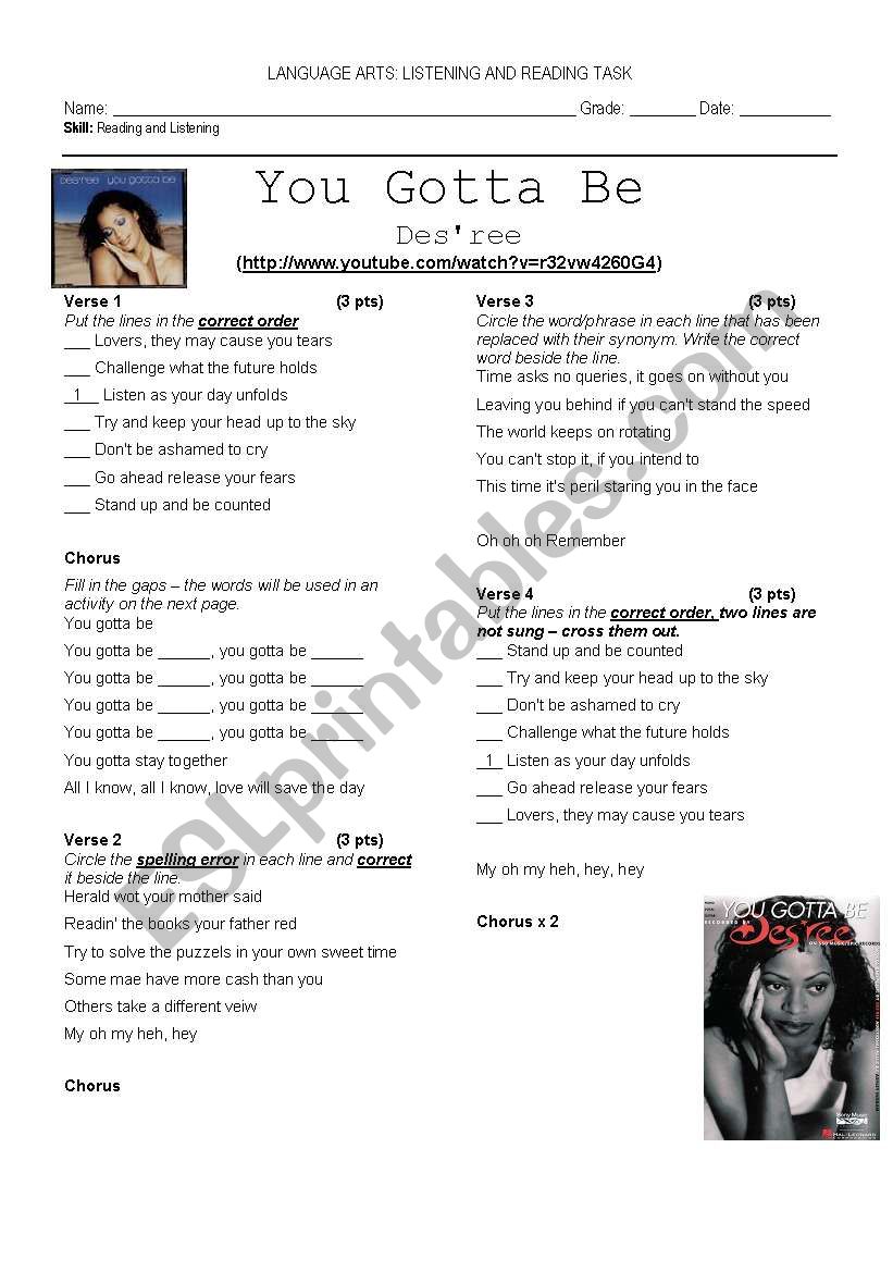Listening task - You Gotta Be - Des`ree - ESL worksheet by kelsa