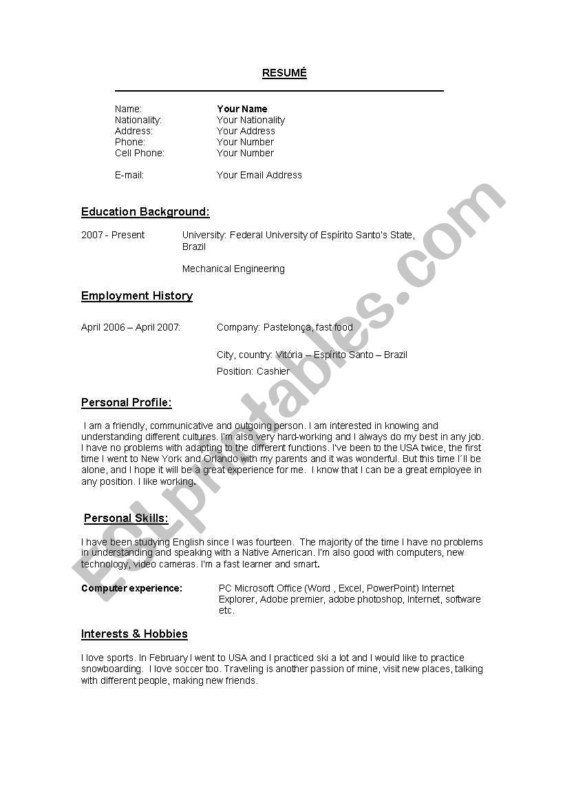 Resumé/CV - ESL worksheet by brazilrule