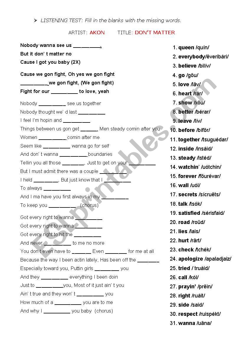 English worksheets: Don´t matter - Akon