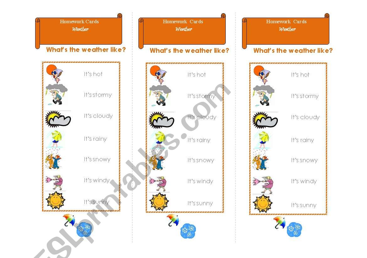 HOMEWORK CARDS - (3 to a page) What´s the Weather like? - ESL worksheet ...