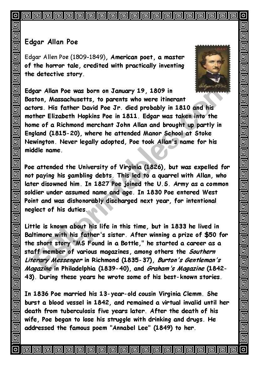 Edgar Allan Poe´s biography - ESL worksheet by lotas