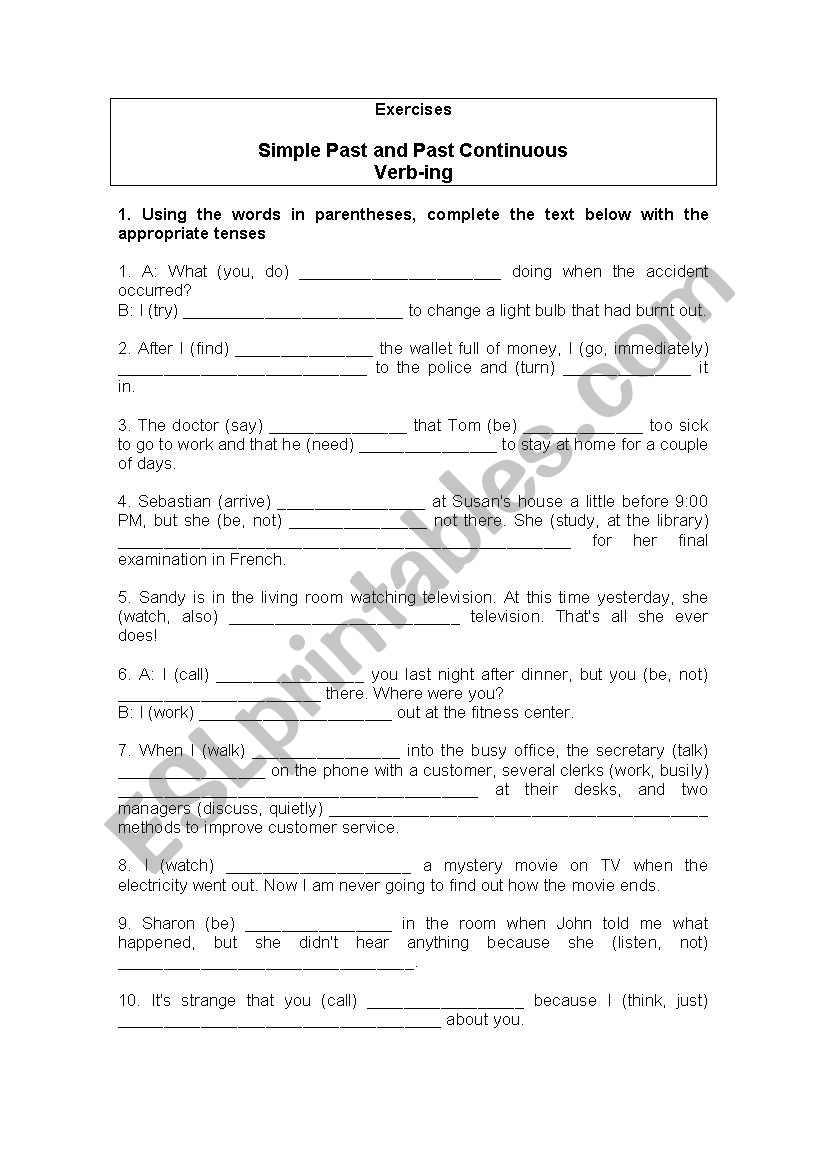 Simple Past and Past Continuous Exercises - ESL worksheet by ...