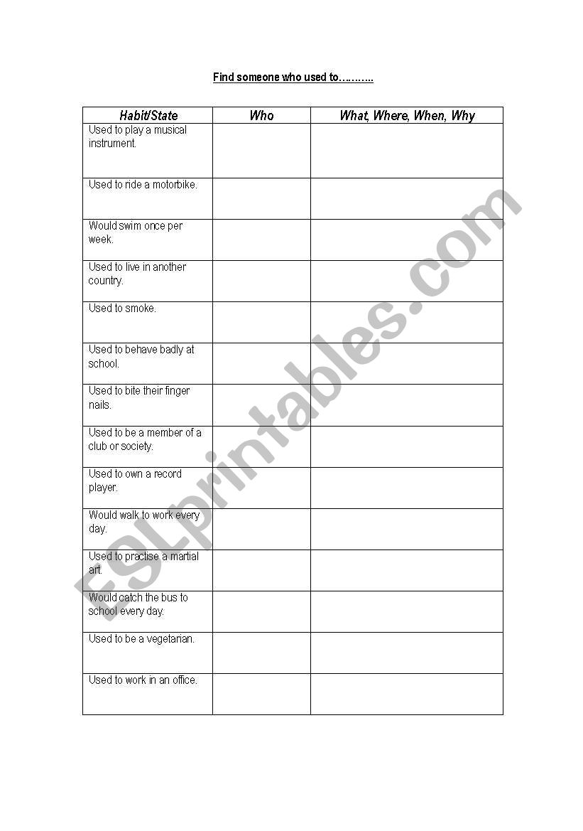 ´used to´ and ´would´ communication task - ESL worksheet by esl4ever