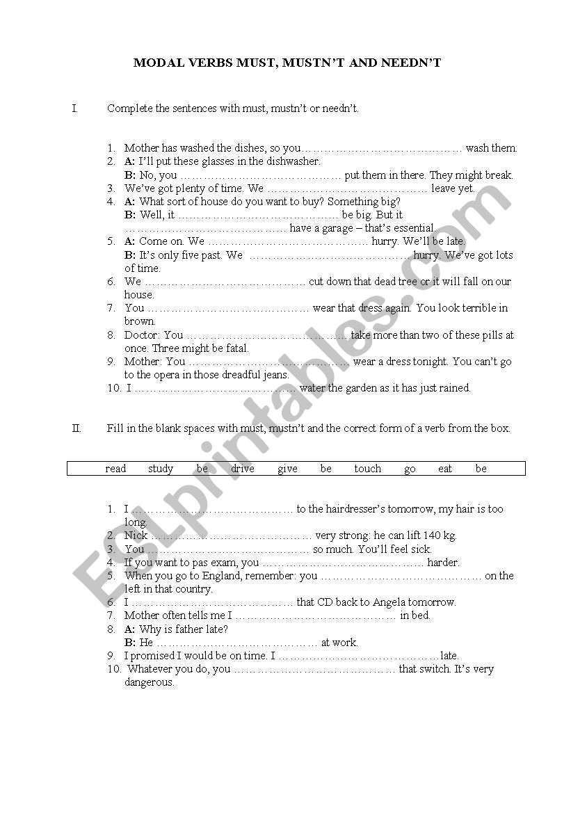 Modal Verbs Must Mustnt And Neednt Esl Worksheet By Saulute